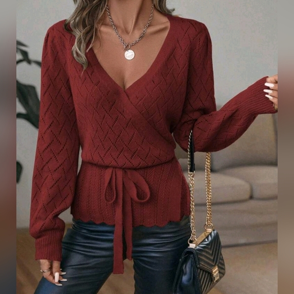 Sweaters | New Chic Pointelle Knit Peplum Sweater Cardigan Top Belted ...